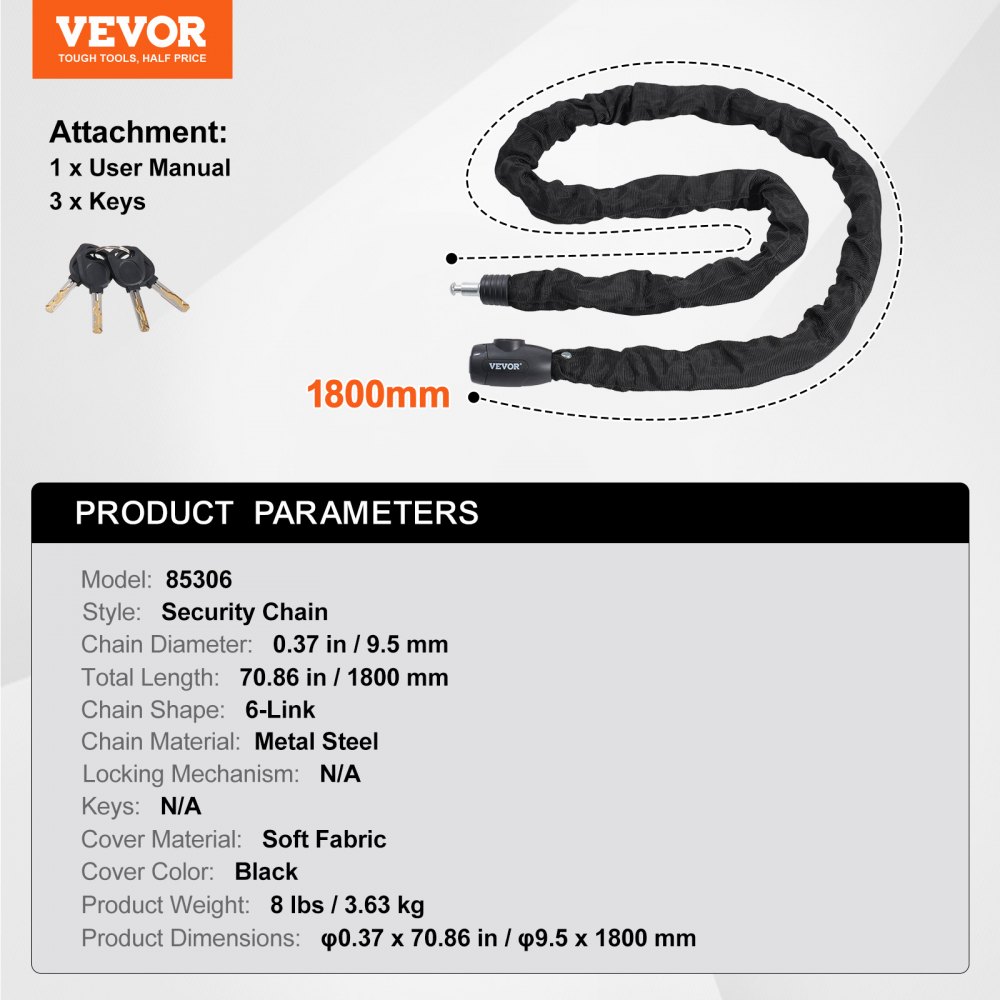 VEVOR Bike Chain Lock, 5.91 Ft Combination Bicycle Chain Lock with 4 ...