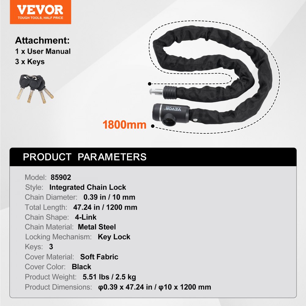 VEVOR Bicycle Chain Lock With Key – 3.94 Ft, 10mm Steel