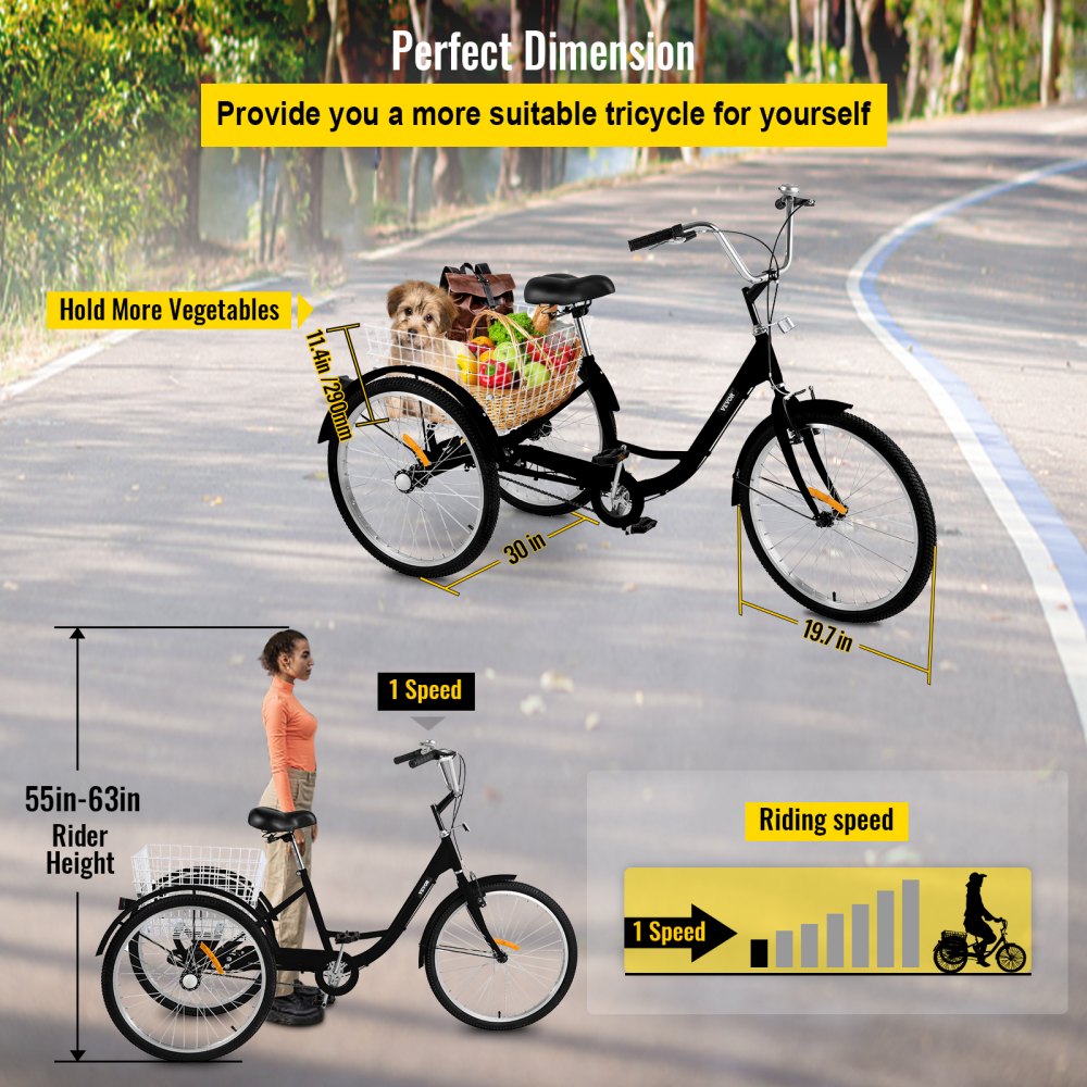 VEVOR Adult Tricycle 20 inch Single Speed Size Adjustable Trike with ...