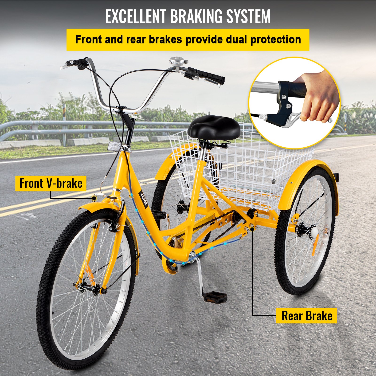 VEVOR Yellow Adult Tricycle 24'' 1-Speed 3 Wheel Bikes, Foldable Adult ...
