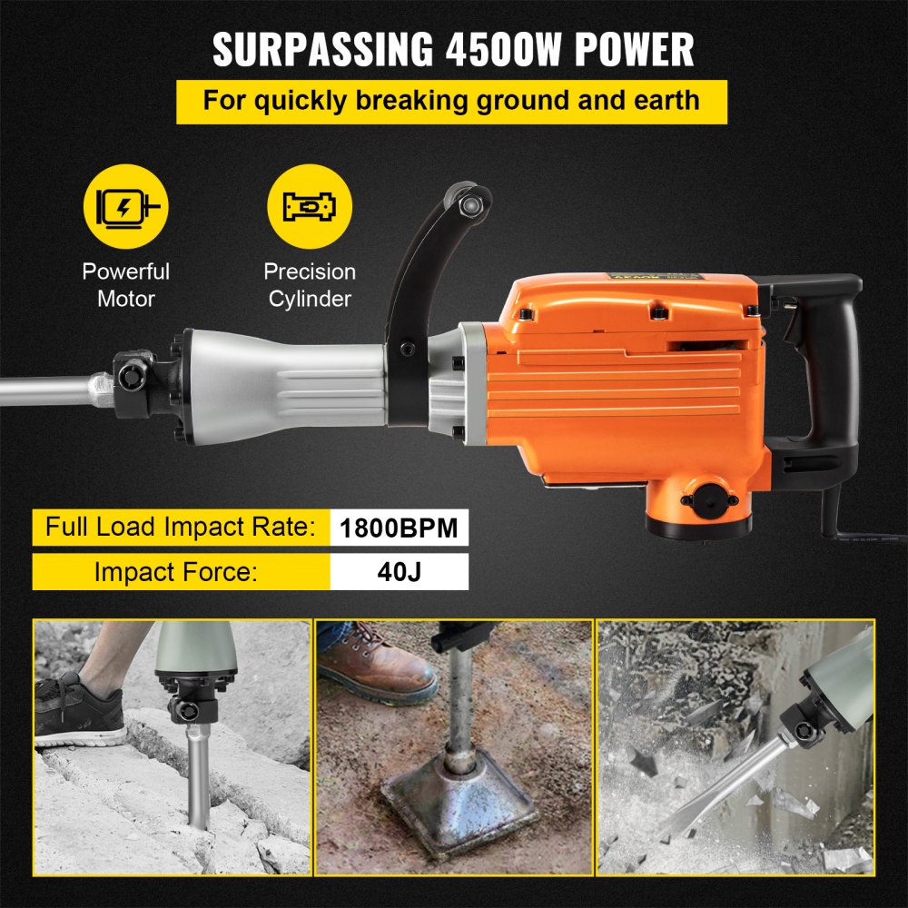 VEVOR Demolition Jack Hammer, 2600W 1800BPM, 1-1/8" Hex Heavy Duty ...
