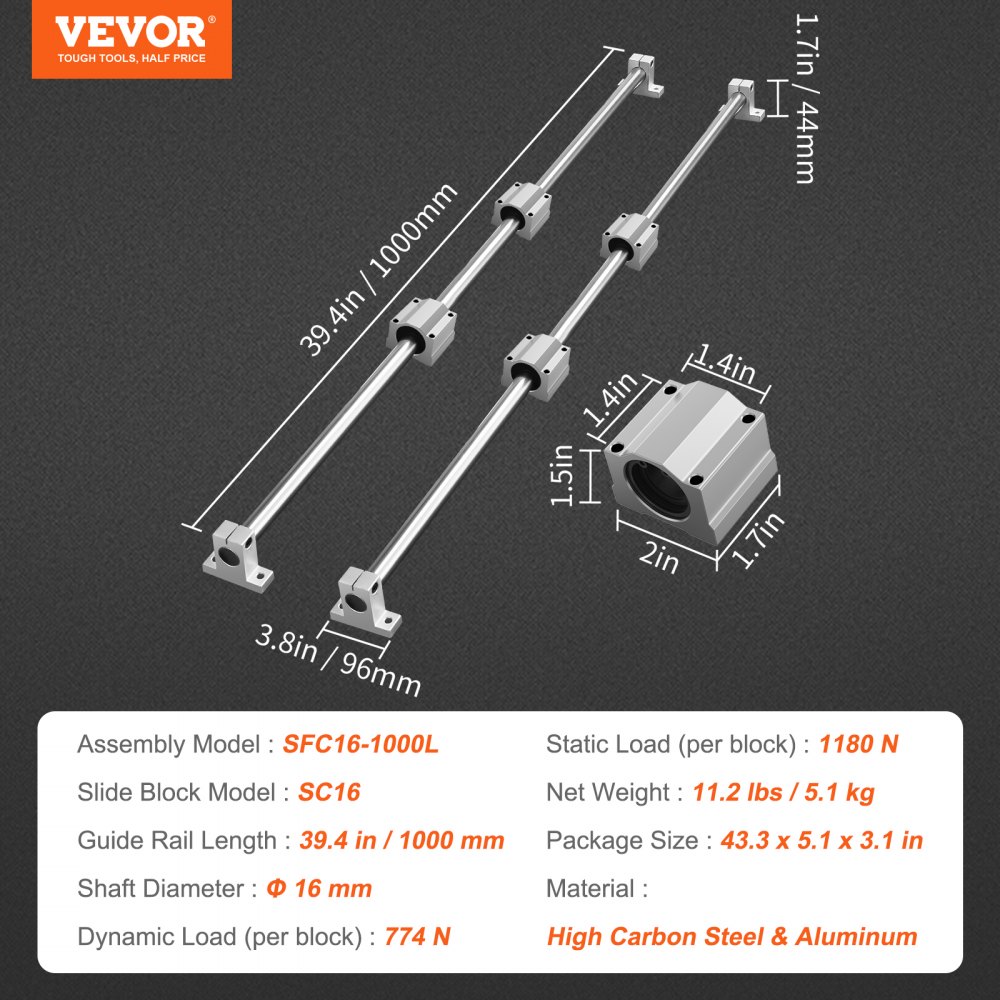 VEVOR VEVOR Linear Guide Rail Set, SFC16 1000mm, 2 PCS 39.4 in/1000 mm ...