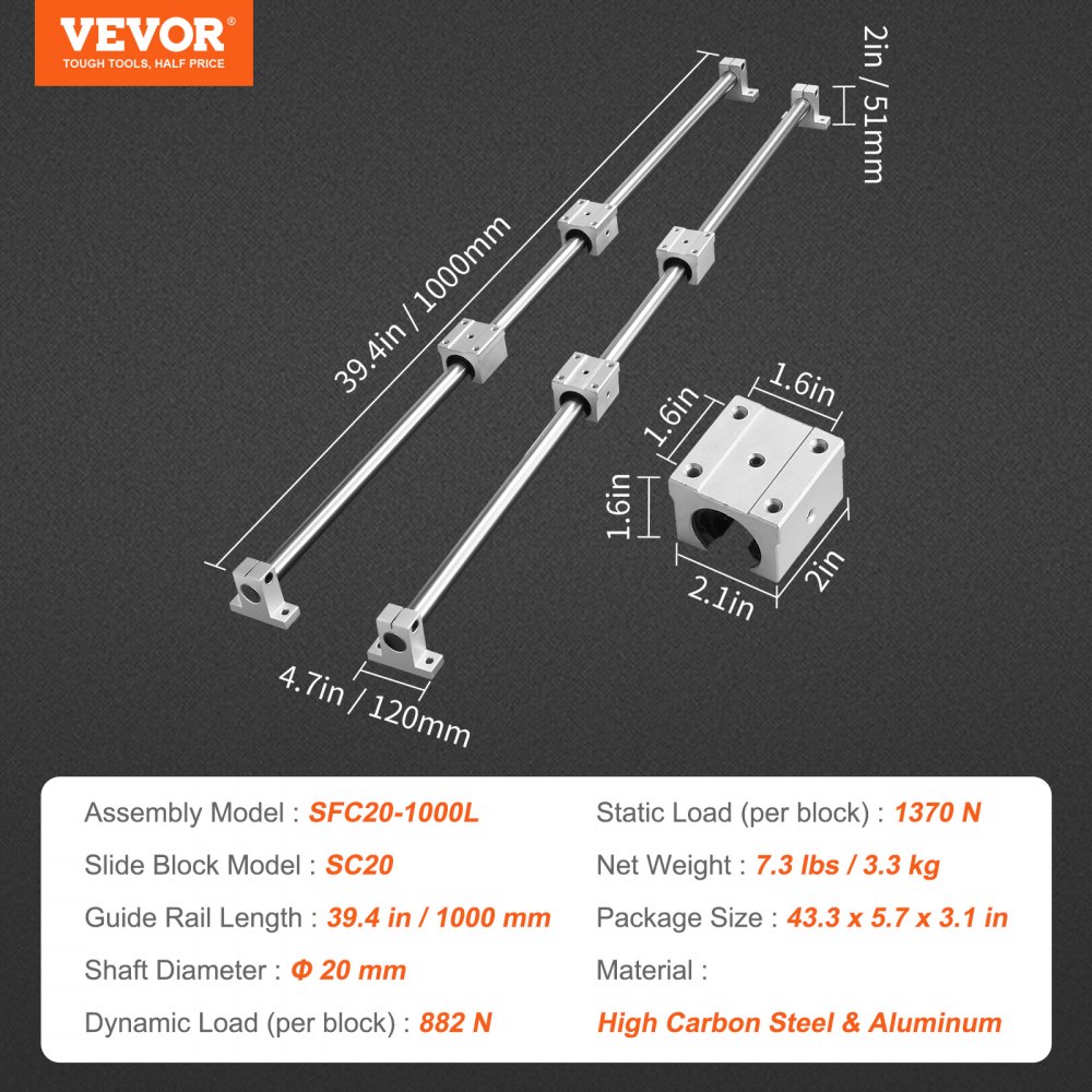 VEVOR Linear Guide Rail Set, SFC20 1000mm, 2 PCS 39.4 in/1000 mm SFC20 ...
