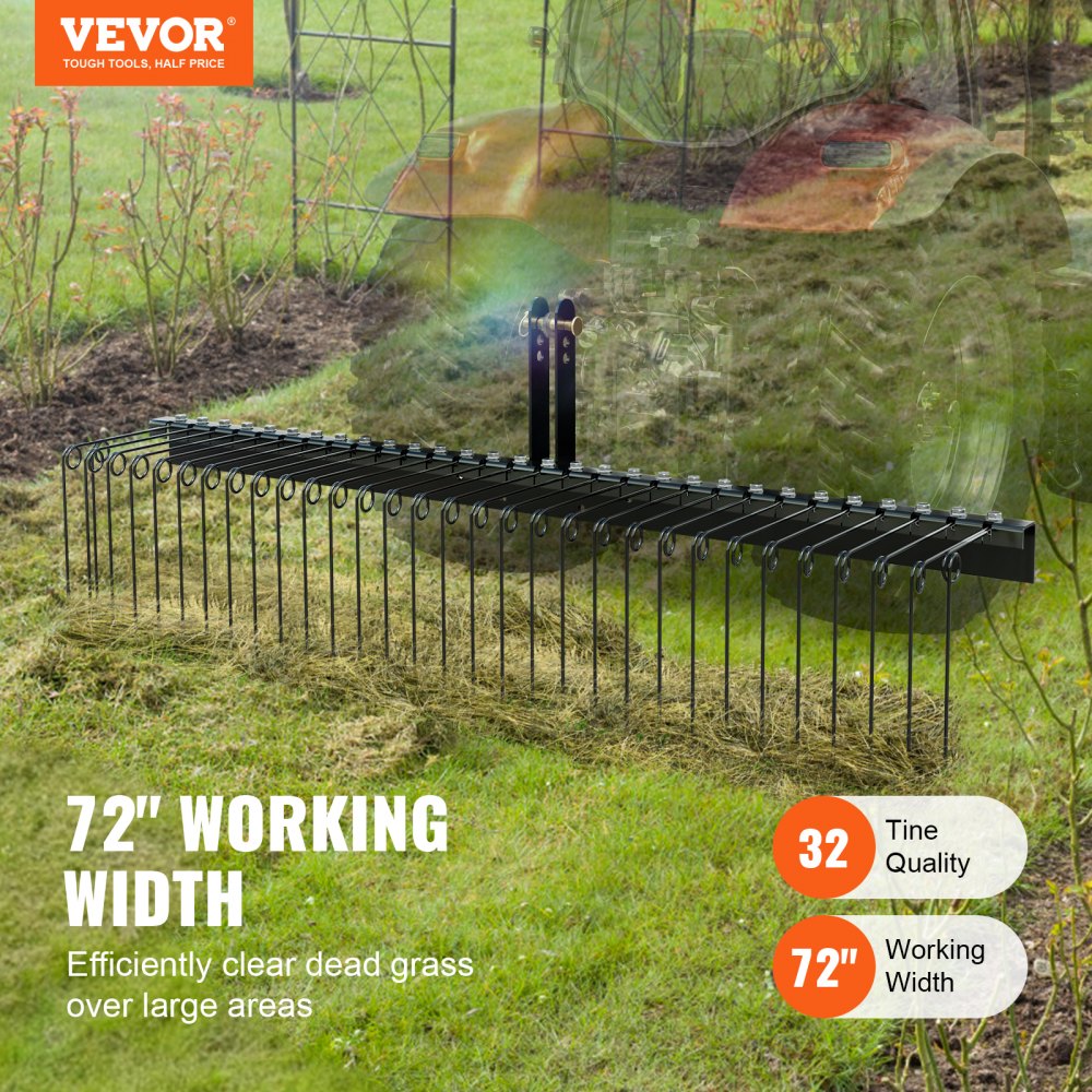 VEVOR Tow Behind Landscape Rake, 1.8m Tow Dethatcher with 32 Steel ...