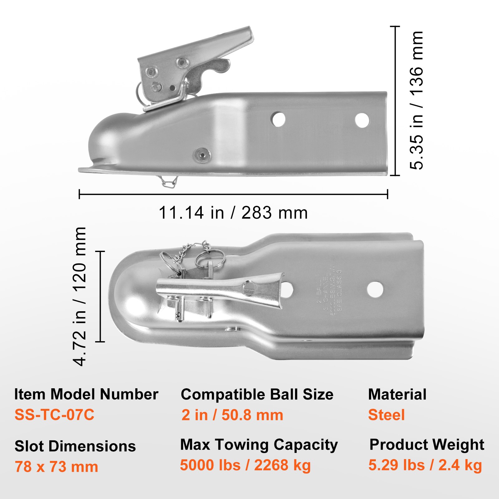 VEVOR Straight Trailer Coupler, for 2-Inch Hitch Ball, 3-Inch Channel ...