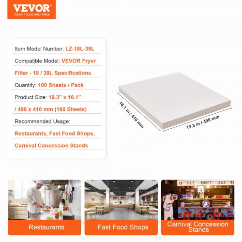 VEVOR Fryer Filter Paper, 100 Sheets, 19.3" x 16.1", Replacement Deep ...