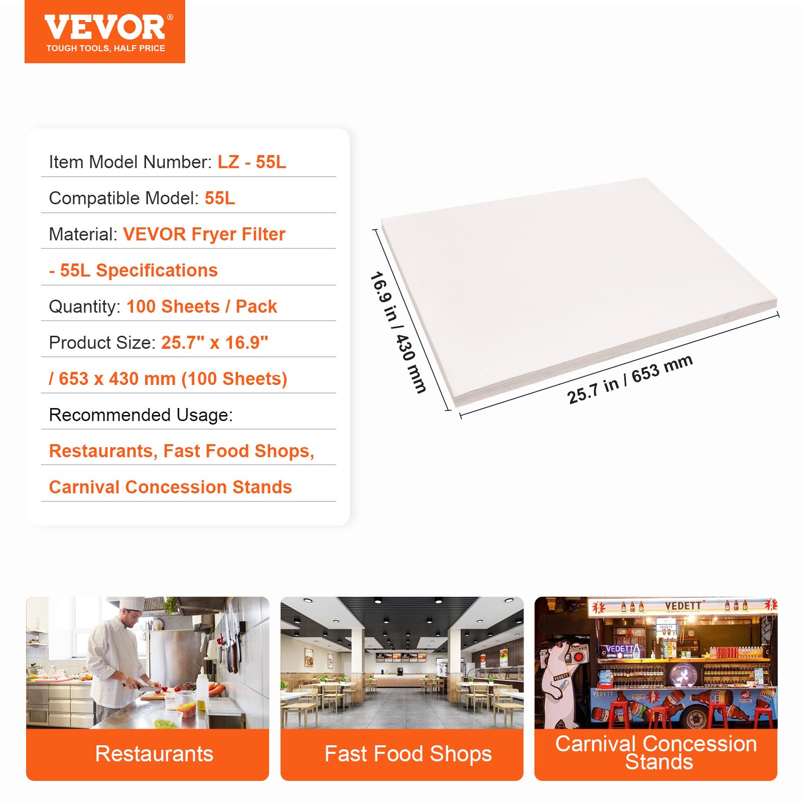 VEVOR Fryer Filter Paper 100 Sheets 25.7" x 16.9", Replacement Deep ...