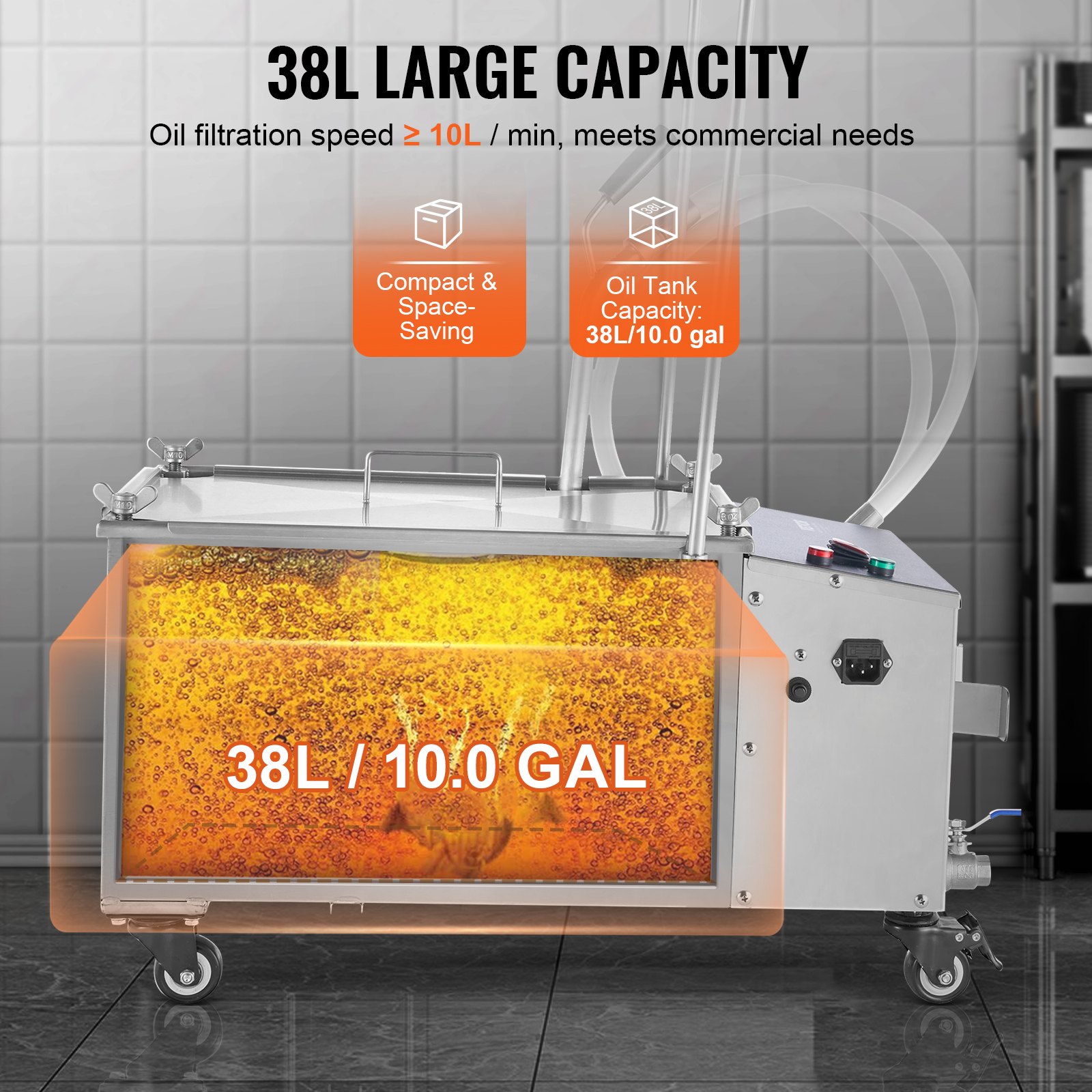 VEVOR Mobile Fryer Filter, 38L Oil Tank Capacity, Oil Filtration System ...