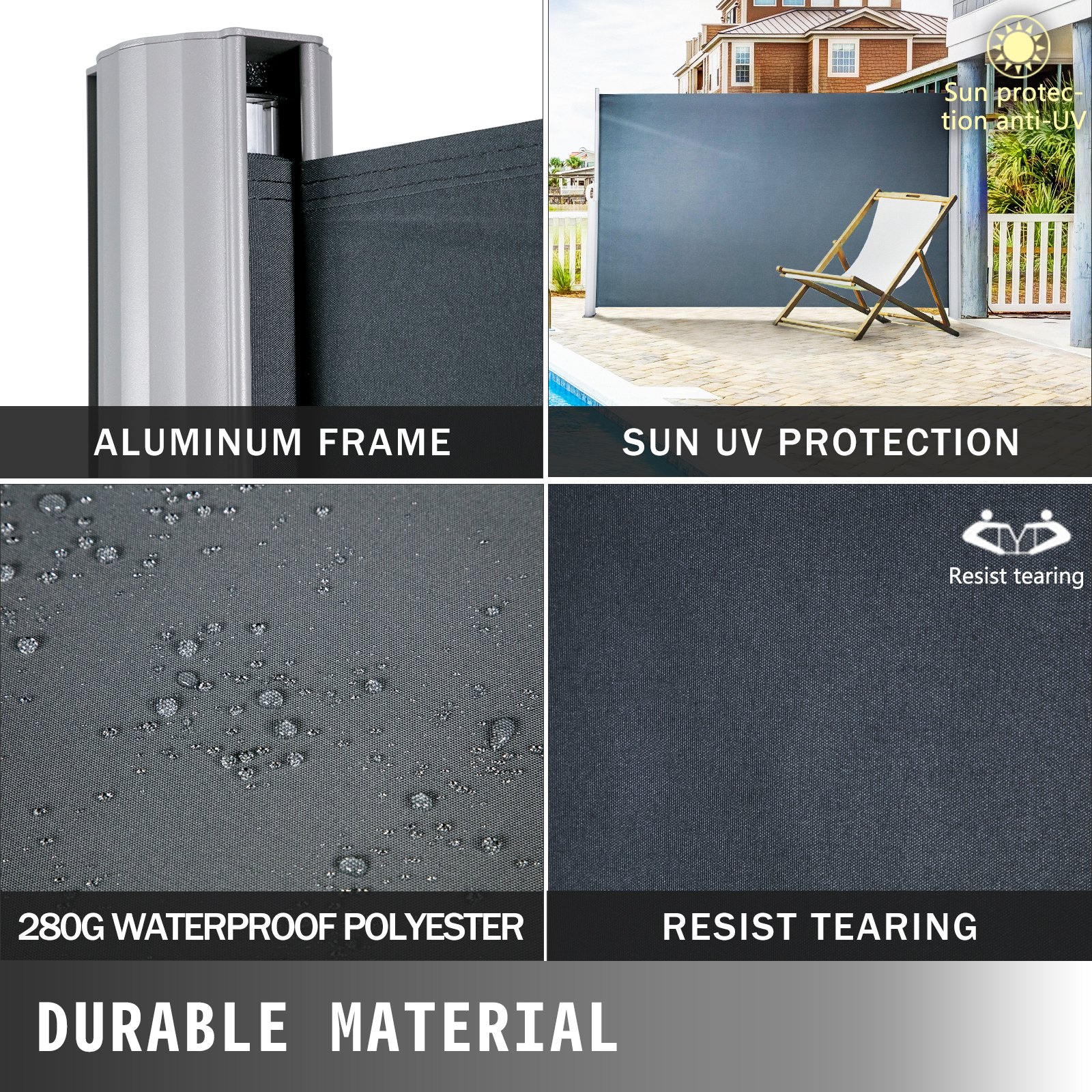 VEVOR Čierna výsuvná zástena na terasu 63-palcová výška výsuvná zástena 118-palcová dĺžka ...