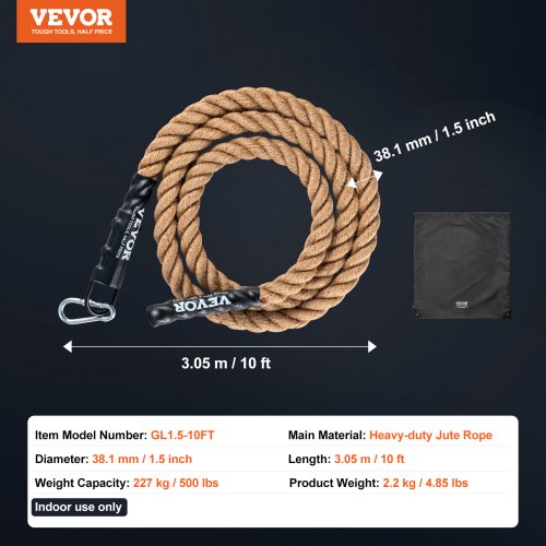 VEVOR 1.5"x10FT Gym Climbing Rope Fitness Strength Training Rope Home ...