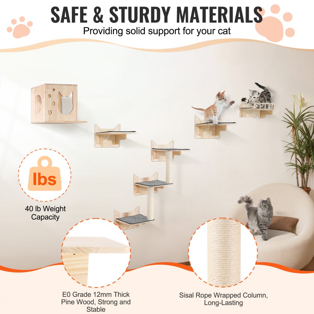 VEVOR Wall Mounted Cat Shelves Tree with Jumping Boards Nest Furniture ...