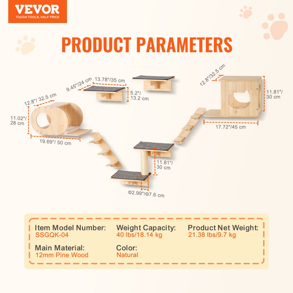 VEVOR Wall Mounted Cat Shelves Tree with Jumping Boards Nests Hammock Set of 7 | VEVOR US