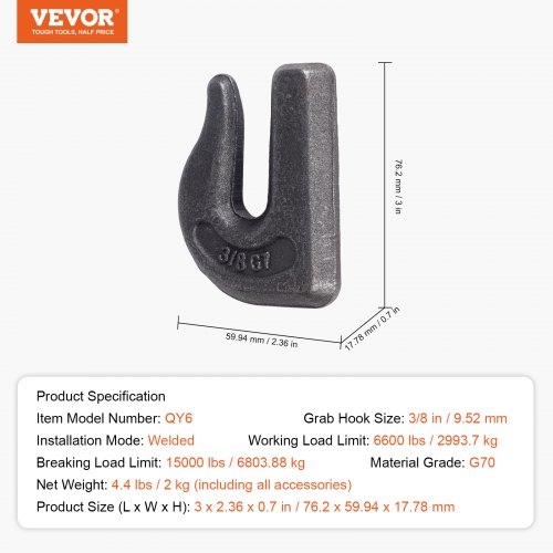 VEVOR Weld-on Grab Chain Hooks 3/8" Tow Hook G70 Forged Steel Tractor ...