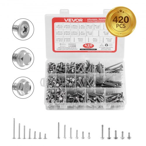 420 Pc Self Drilling Screw Assortment Set #8 #10 Hex/Phillips Head 1/2 ...