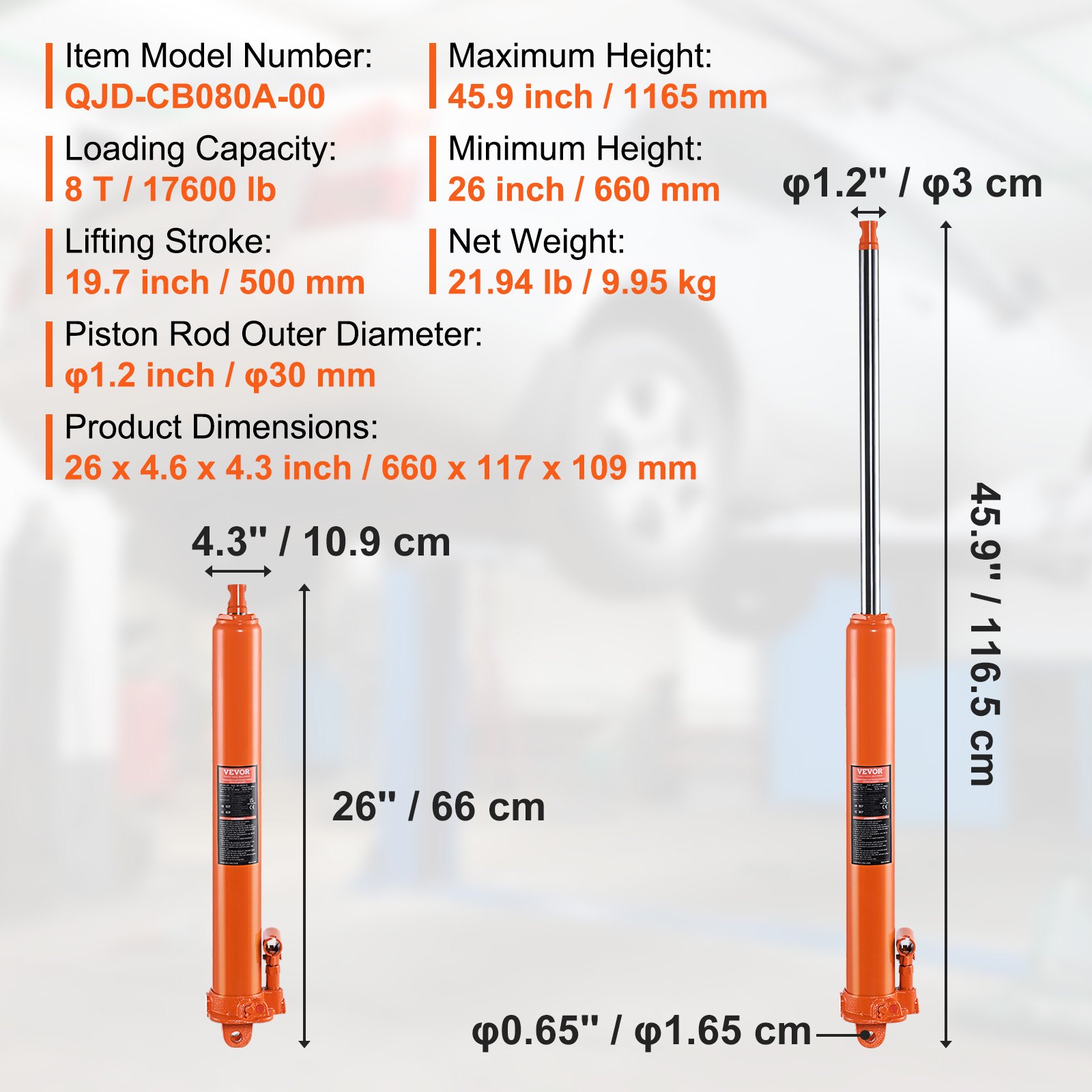VEVOR Hydraulic Long Ram Jack 8Ton Clevis Base Engine Hoist Cylinder ...