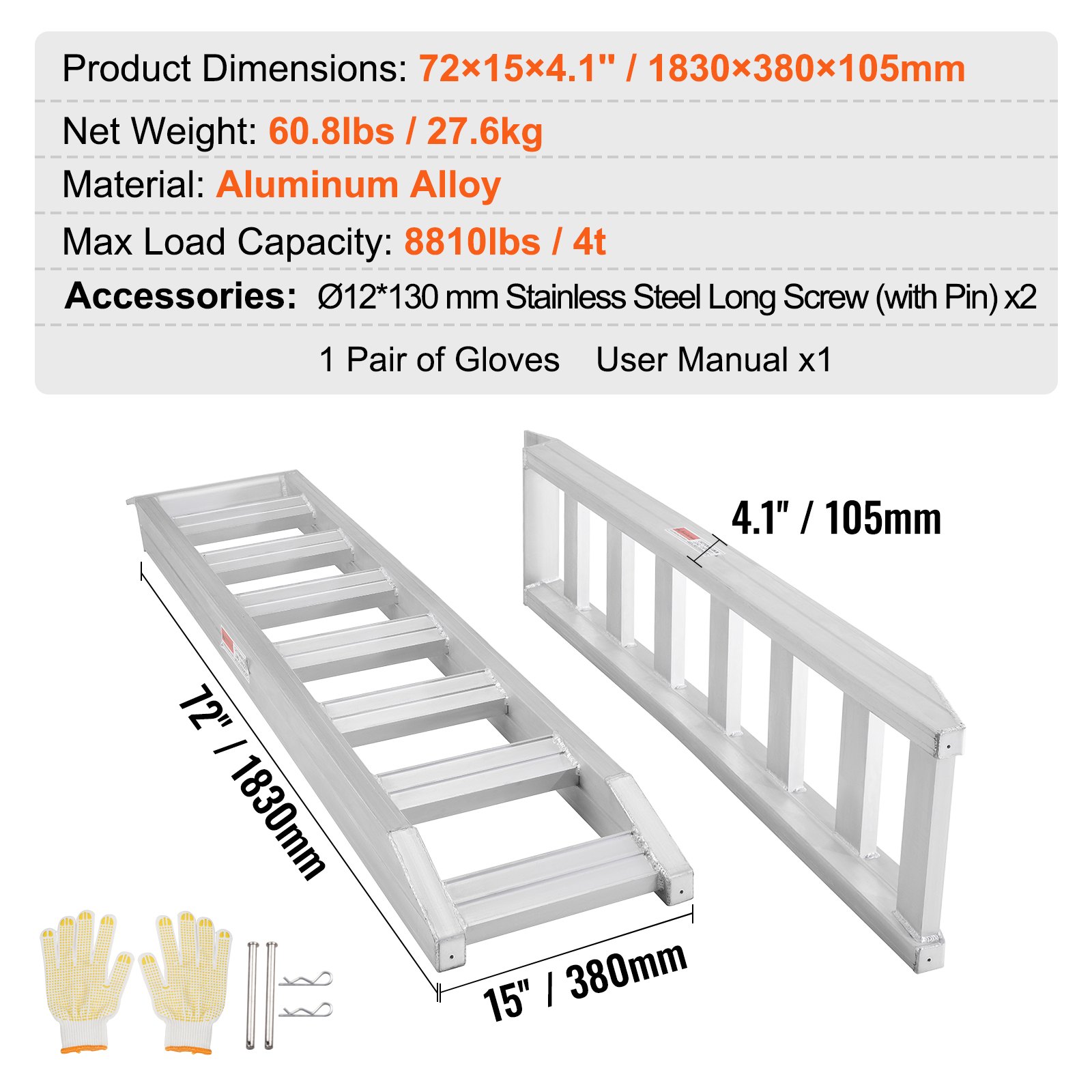 VEVOR Aluminum Ramps, 8810 lbs, Heavy-duty Ramps with Top Hook ...