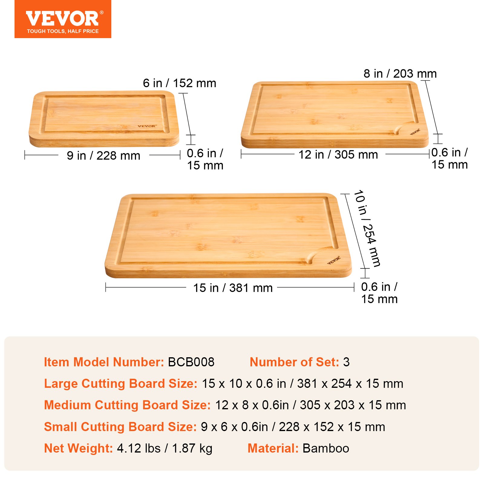 VEVOR 3 Piece Bamboo Cutting Board Set – 9x6, 12x8, 15x10 in
