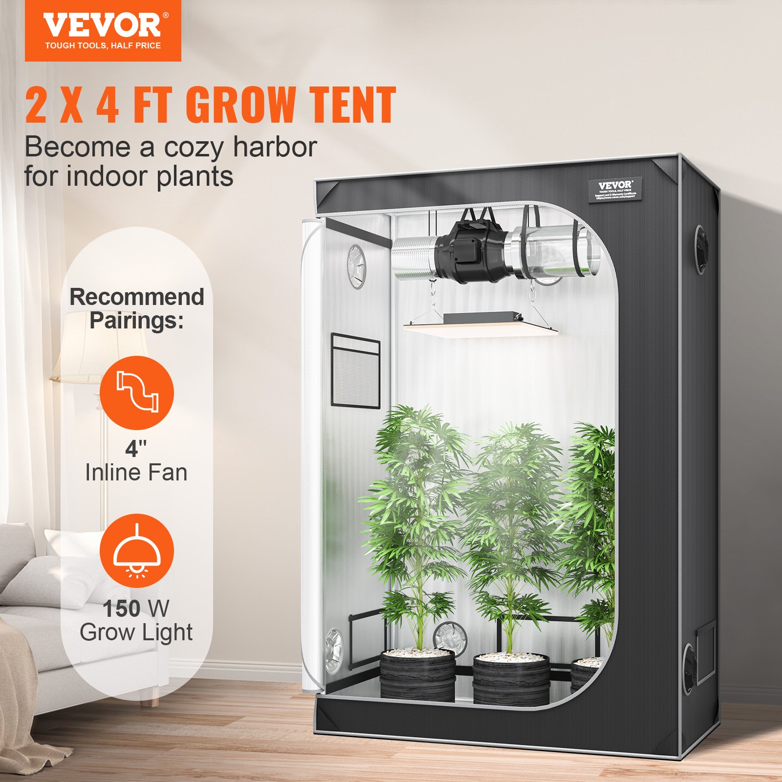 VEVOR 2x4 Grow Tent, 48'' x 24'' x 72'', High Reflective 2000D Mylar ...